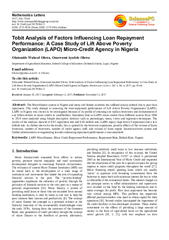 (PDF) Tobit Analysis of Factors Influencing Loan Repayment Performance ...