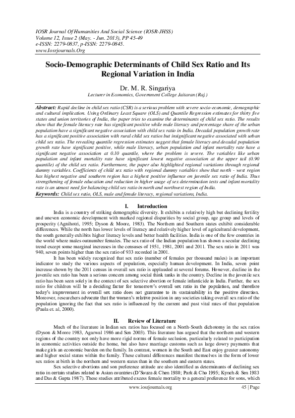 (PDF) Socio-Demographic Determinants of Child Sex Ratio and Its Regional Variation in India