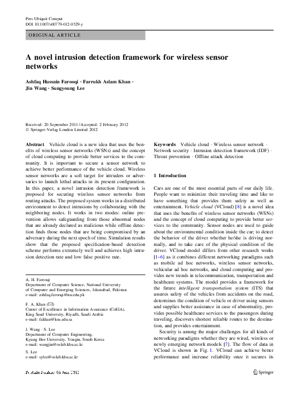 (PDF) A novel intrusion detection framework for wireless sensor networks
