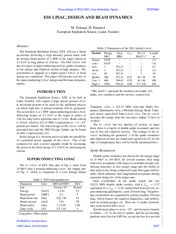 (PDF) Ess Linac, Design and Beam Dynamics