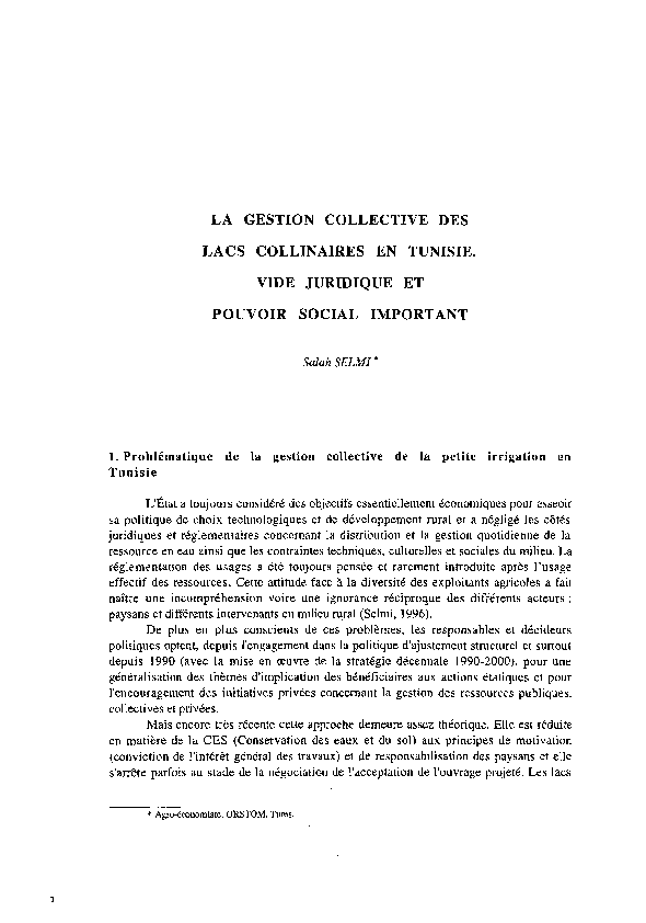 (PDF) La gestion collective des lacs collinaires en Tunisie : vide ...
