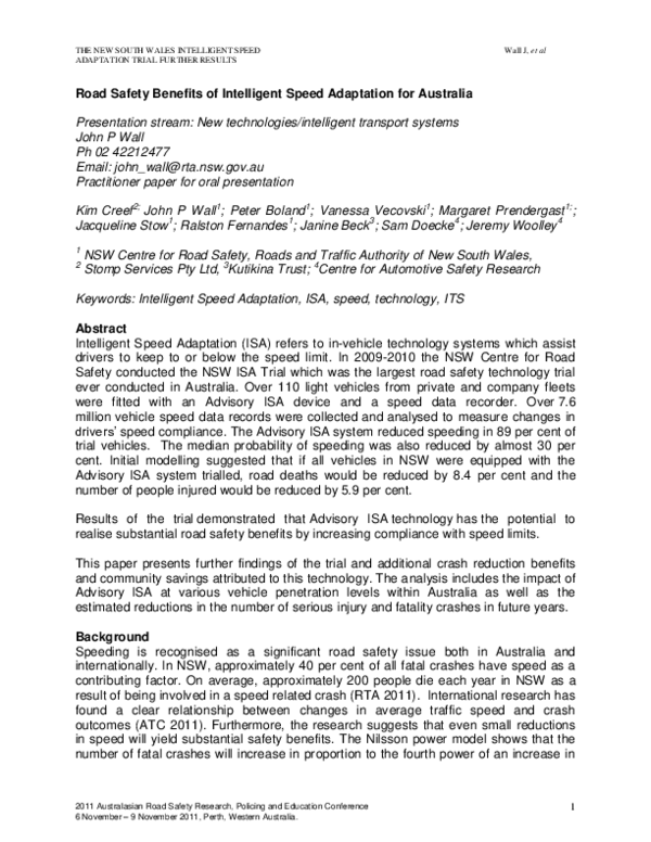 (PDF) Road Safety Benefits of Intelligent Speed Adaptation for Australia
