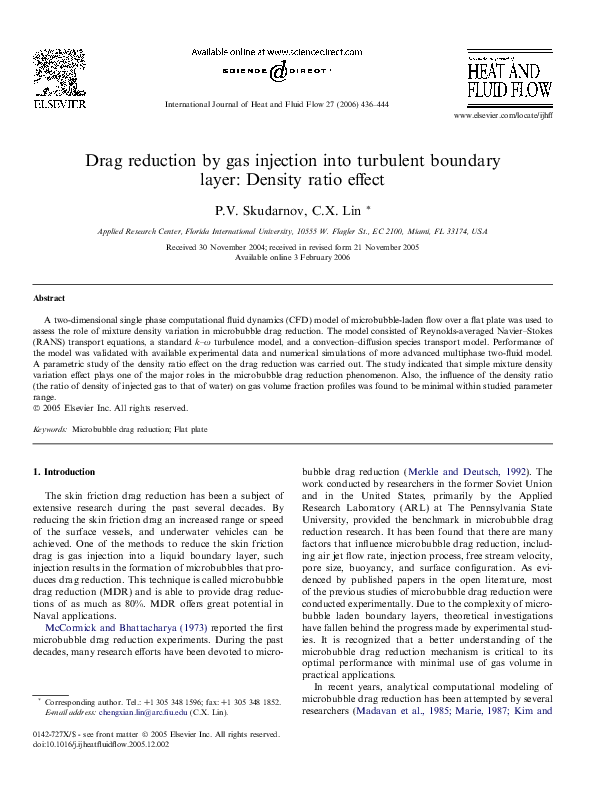 Pdf Drag Reduction By Gas Injection Into Turbulent Boundary Layer Density Ratio Effect