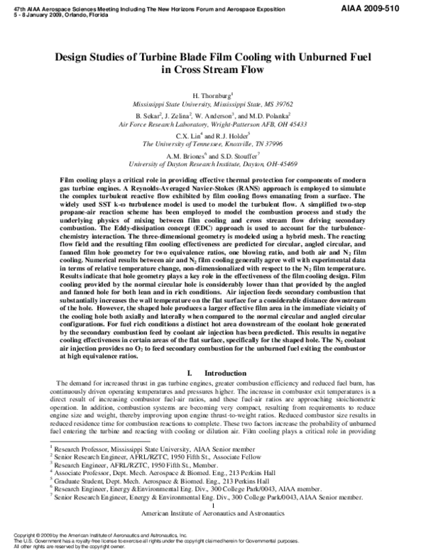 (PDF) Design Studies of Turbine Blade Film Cooling With Unburned Fuel in Cross-Stream Flow