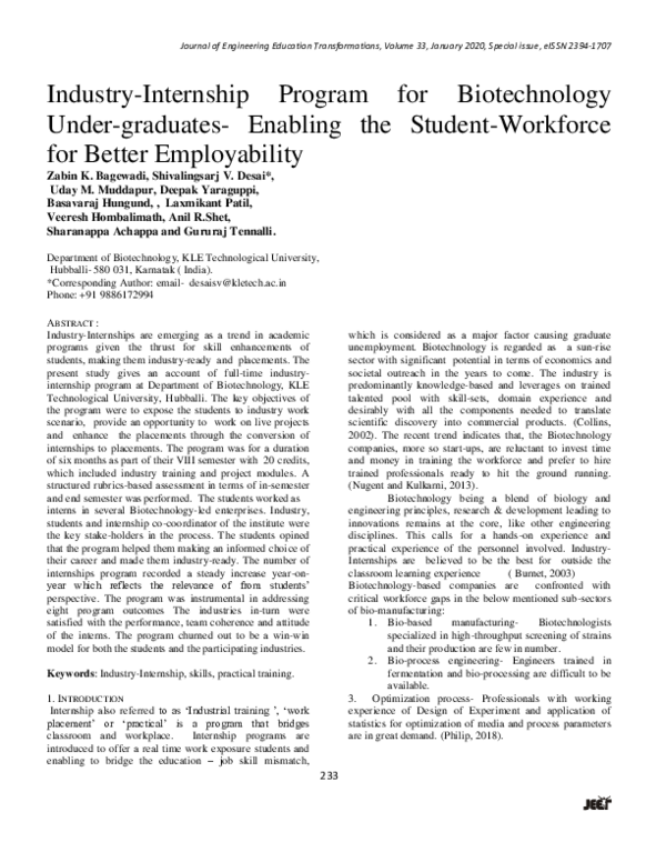 (PDF) Industry-Internship Program for Biotechnology Under-Graduates ...