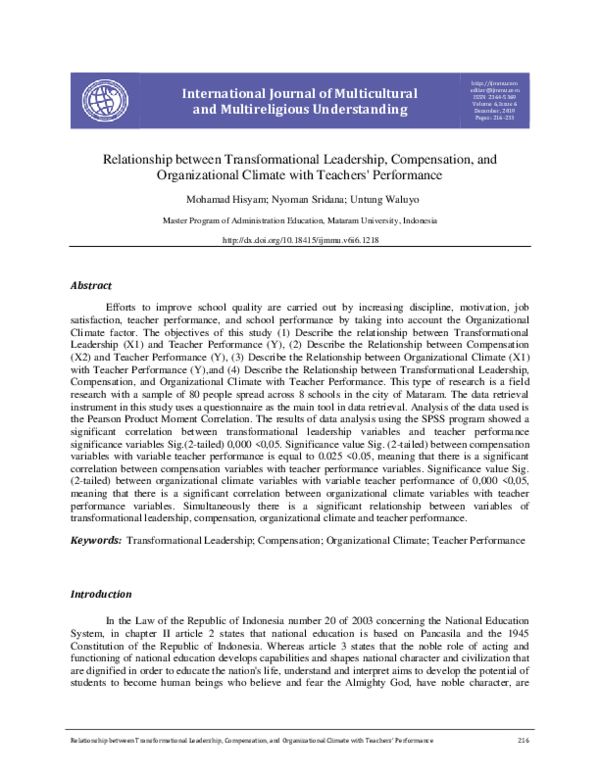(PDF) Relationship between Transformational Leadership, Compensation, and Organizational Climate ...