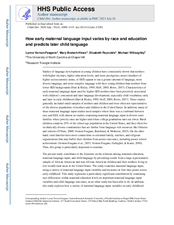 (PDF) How Early Maternal Language Input Varies by Race and Education ...