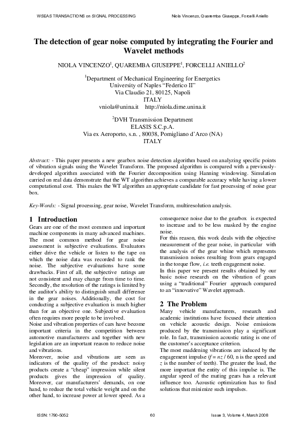 (PDF) The detection of gear noise computed by integrating the Fourier and wavelet methods
