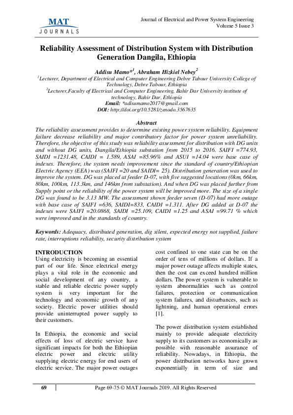 (PDF) Reliability Assessment of Distribution System with Distribution Generation Dangila, Ethiopia