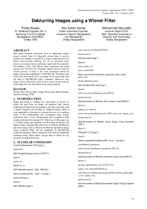 Pdf Deblurring Images Using A Wiener Filter