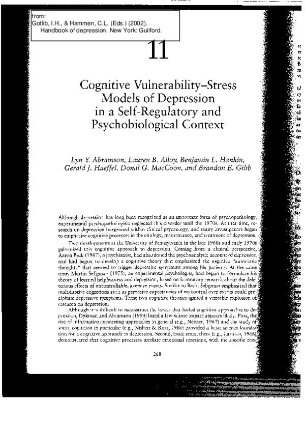 (PDF) Cognitive vulnerability-stress models of depression in a self ...