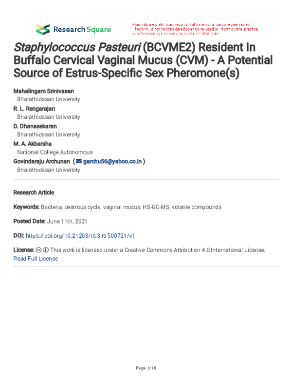 (PDF) Staphylococcus pasteuri (BCVME2) Resident in Buffalo Cervical ...