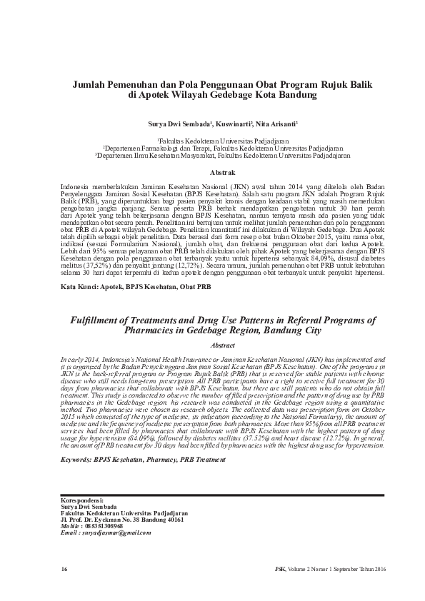 Pdf Jumlah Pemenuhan Dan Pola Penggunaan Obat Program Rujuk Balik Di