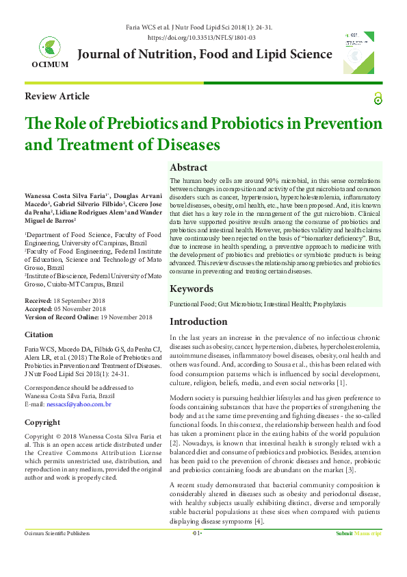(PDF) The Role of Prebiotics and Probiotics in Prevention and Treatment of Diseases