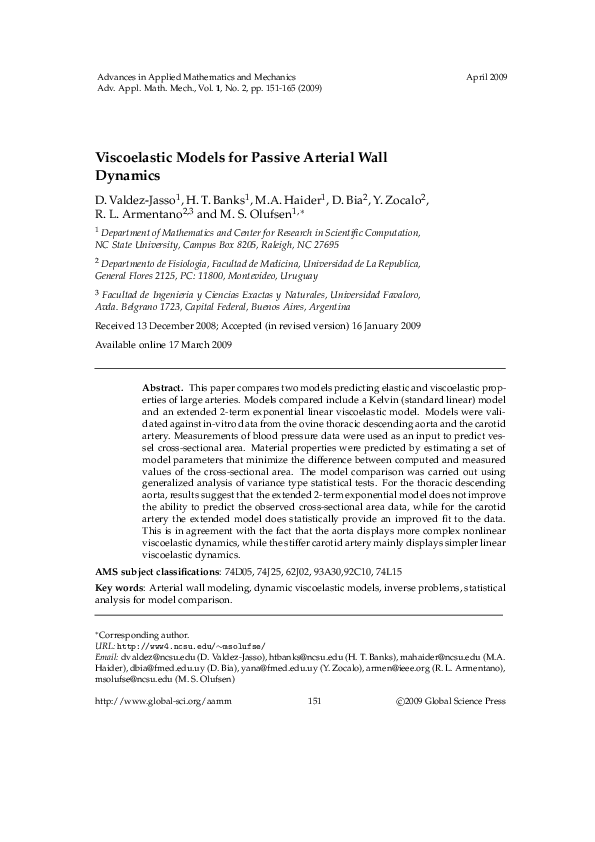 (PDF) Viscoelastic Models for Passive Arterial Wall Dynamics