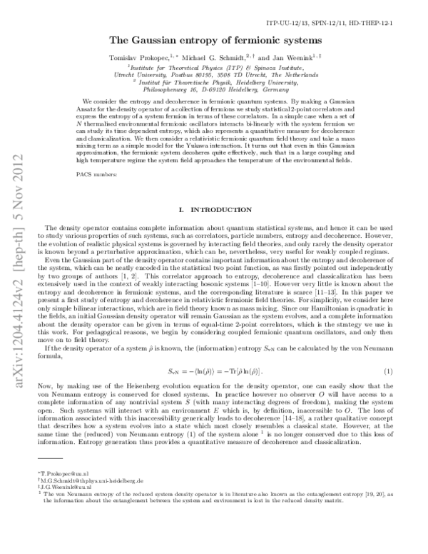 (PDF) The Gaussian entropy of fermionic systems