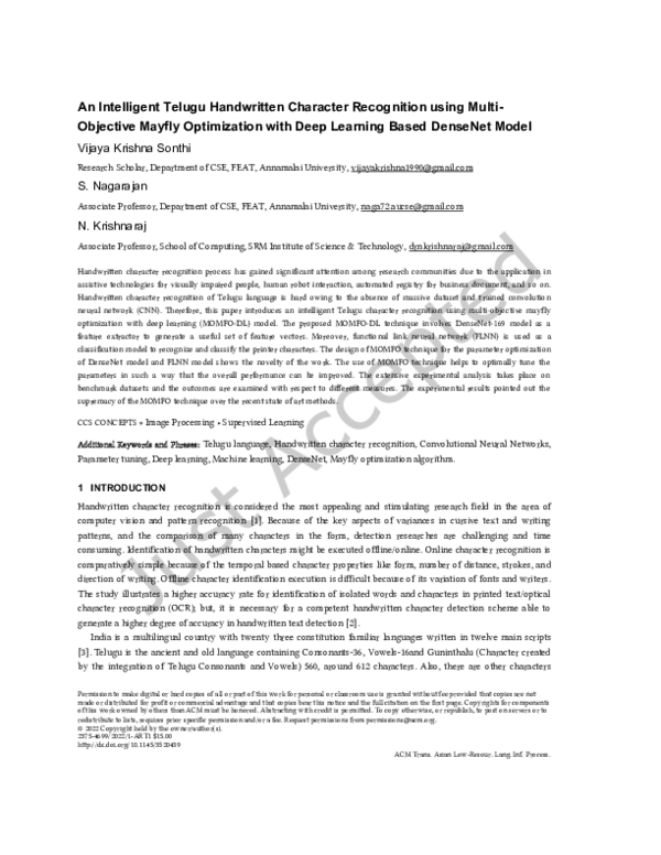 Pdf An Intelligent Telugu Handwritten Character Recognition Using Multi Objective Mayfly