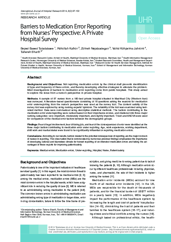 (PDF) Barriers to Medication Error Reporting from Nurses’ Perspective ...