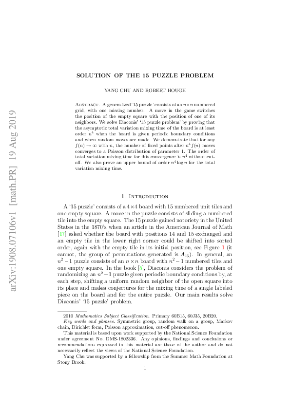 (PDF) Solution of the 15 puzzle problem