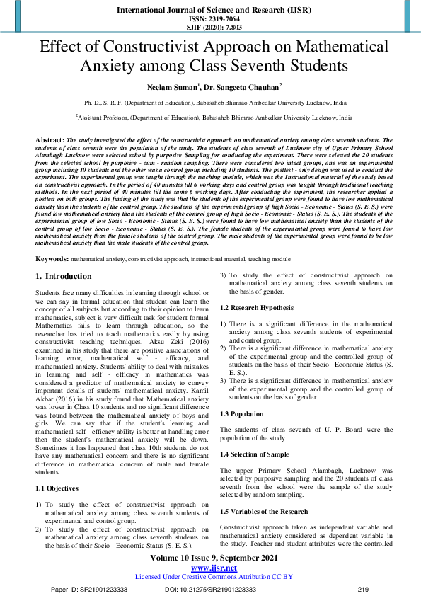 (PDF) Effect of Constructivist Approach on Mathematical Anxiety among ...