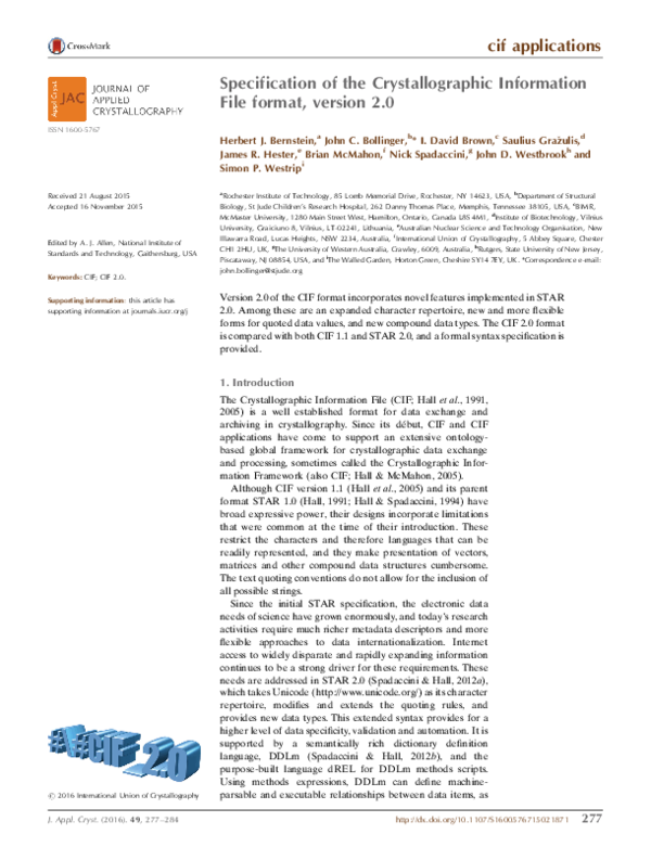 (PDF) Specification of the Crystallographic Information File format ...