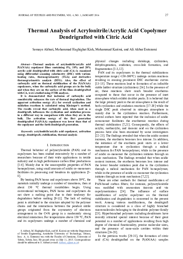 (PDF) Thermal Analysis of Acrylonitrile/Acrylic Acid Copolymer ...