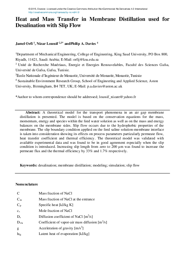 (PDF) Heat and mass transfer in membrane distillation used for ...