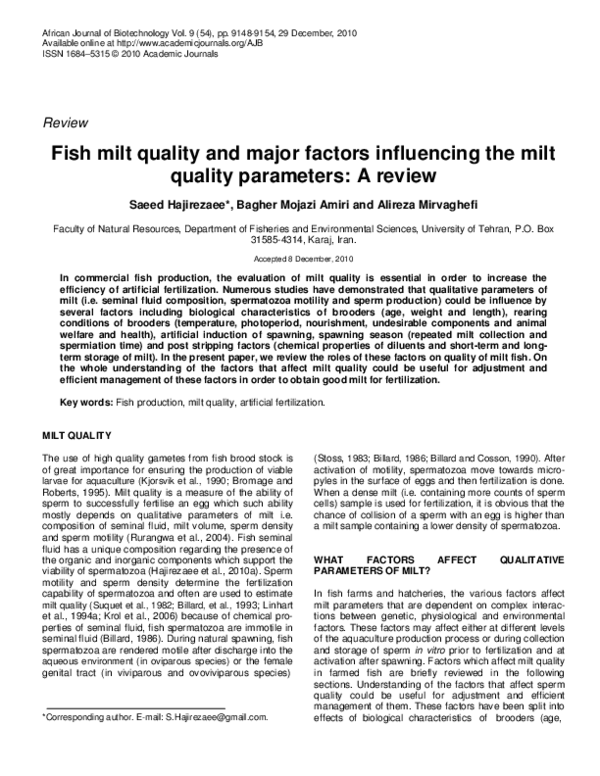 (PDF) Fish milt quality and major factors influencing the milt quality ...