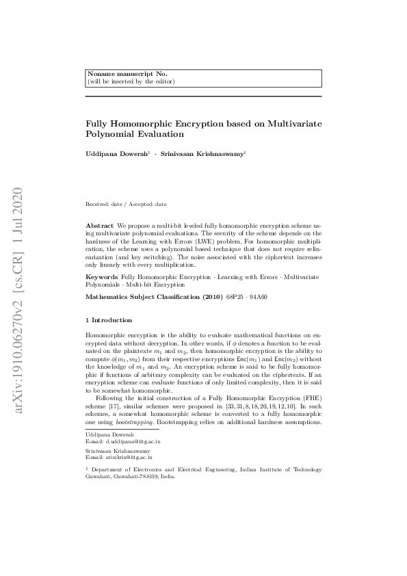 (PDF) Fully Homomorphic Encryption based on Multivariate Polynomial ...