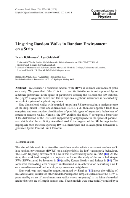 (PDF) Lingering Random Walks in Random Environment on a Strip