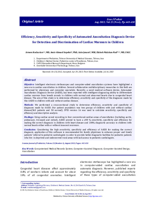 (PDF) Efficiency, Sensitivity and Specificity of Automated Auscultation ...