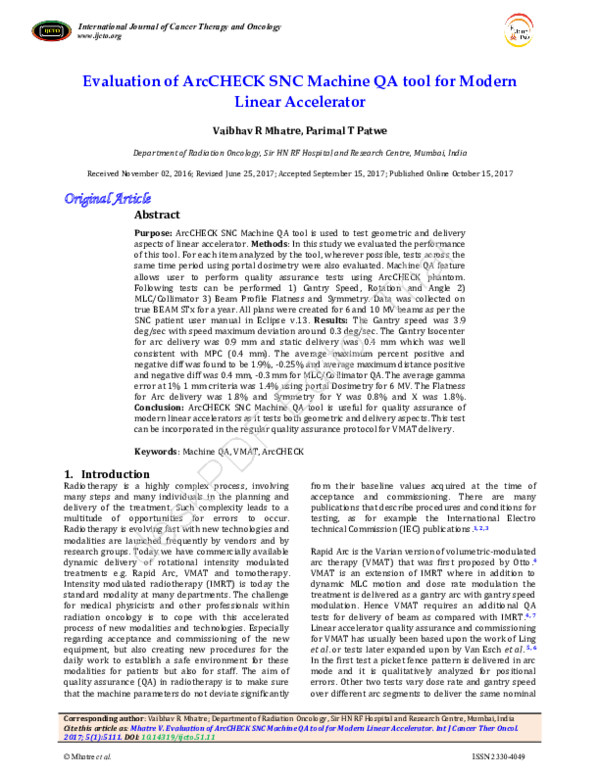 (PDF) Evaluation of ArcCHECK SNC Machine QA tool for Modern Linear ...