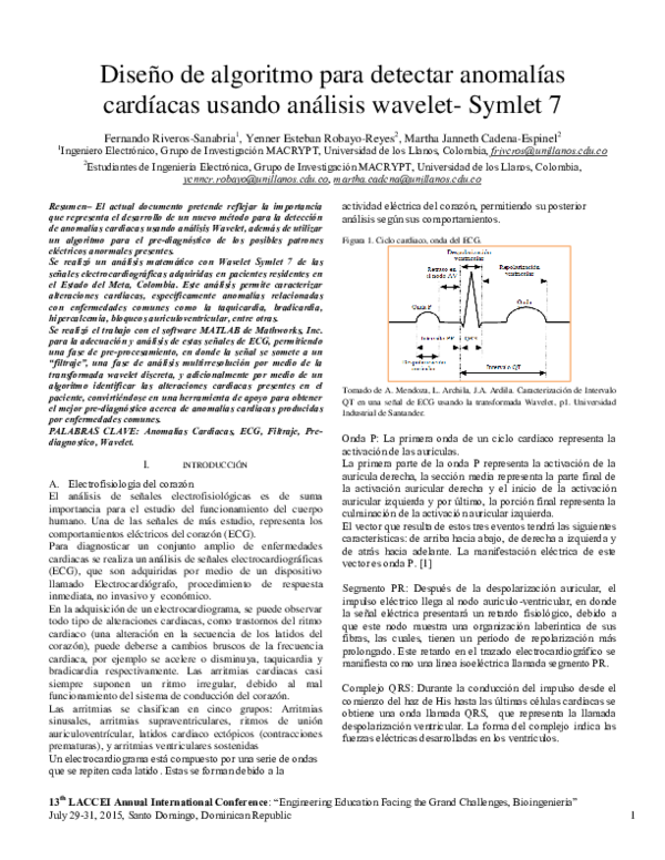 (PDF) Diseño de algoritmo para detectar anomalías cardíacas usando análisis wavelet- Symlet 7
