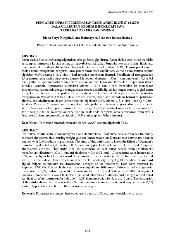 (PDF) Pengaruh Durasi Perendaman Resin Akrilik Heat Cured Dalam Larutan Sodium Hipoklorit 0,5% ...
