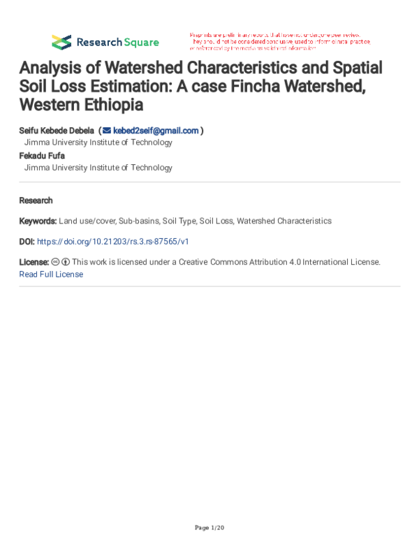 (PDF) Analysis of Watershed Characteristics and Spatial Soil Loss ...