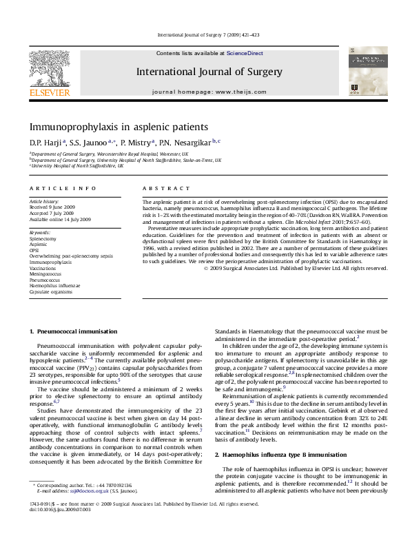 (PDF) Immunoprophylaxis in asplenic patients