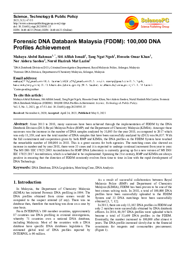 (PDF) Forensic DNA Databank Malaysia (FDDM): 100,000 DNA Profiles ...
