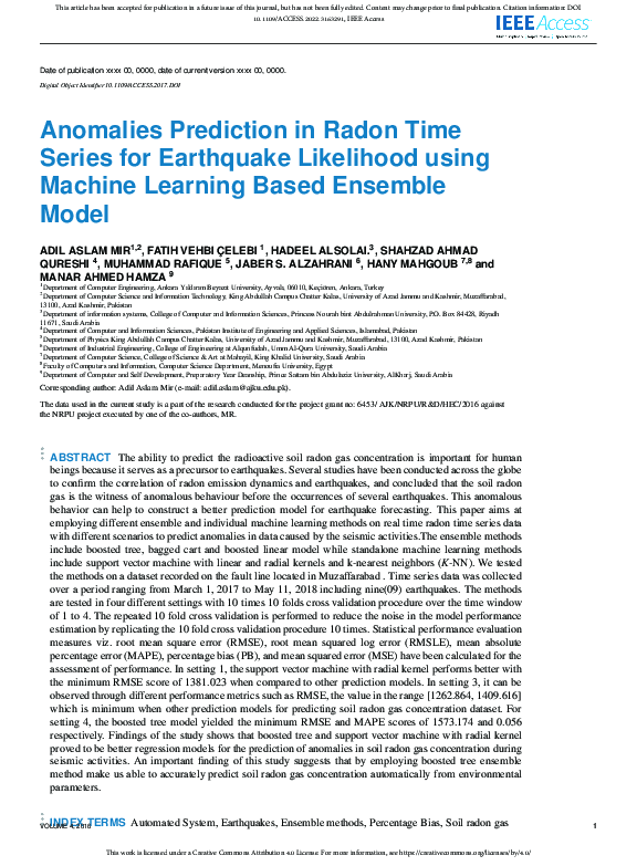(PDF) Anomalies Prediction in Radon Time Series for Earthquake Likelihood using Machine Learning ...