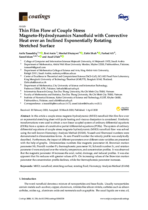 (PDF) Thin Film Flow of Couple Stress Magneto-Hydrodynamics Nanofluid with Convective Heat over ...
