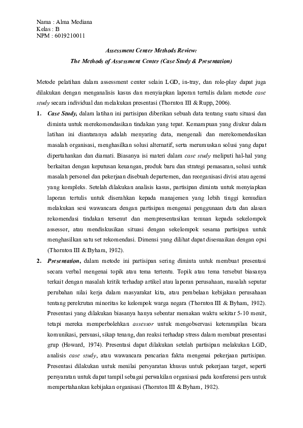 (DOC) Assessment Center Methods Review: The Methods of Assessment Center (Case Study & Presentation)