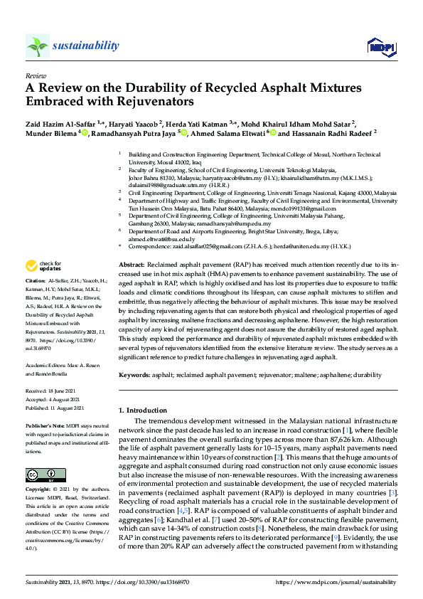 (PDF) A Review on the Durability of Recycled Asphalt Mixtures Embraced ...