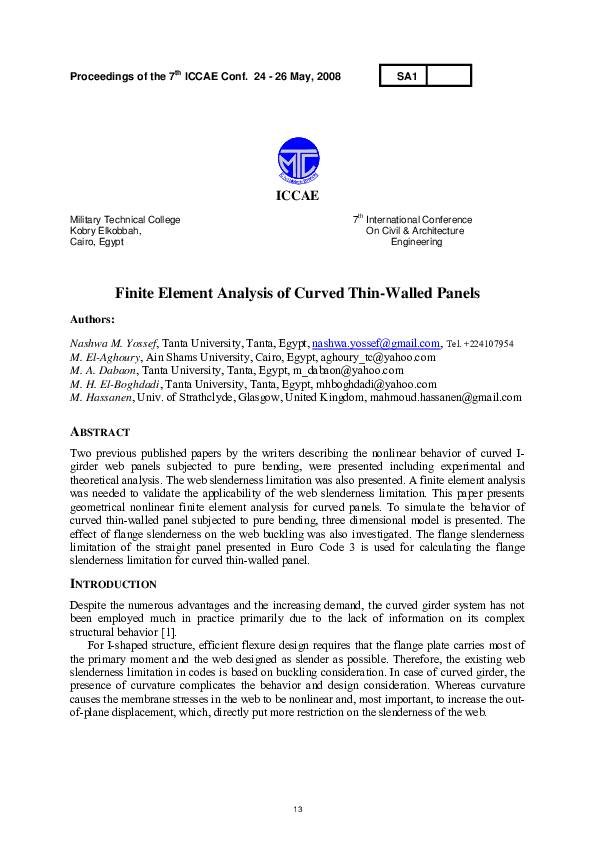 (PDF) Finite Element Analysis of Curved Thin-Walled Panels