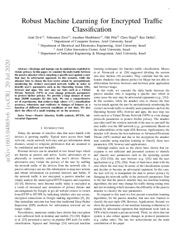 (PDF) Robust Machine Learning for Encrypted Traffic Classification (PDF) Robust Machine Learning for Encrypted Traffic Classification