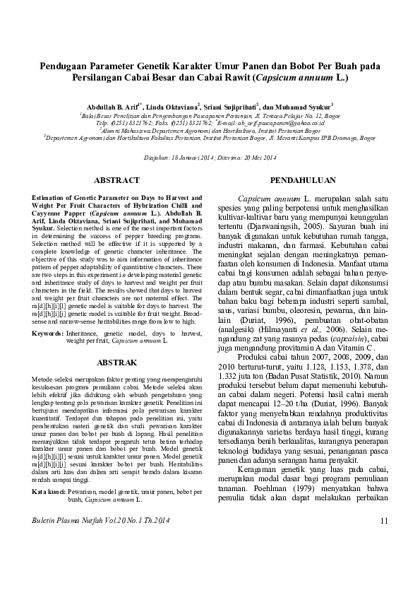(PDF) Pendugaan Parameter Genetik Karakter Umur Panen dan Bobot Per Buah pada Persilangan Cabai ...