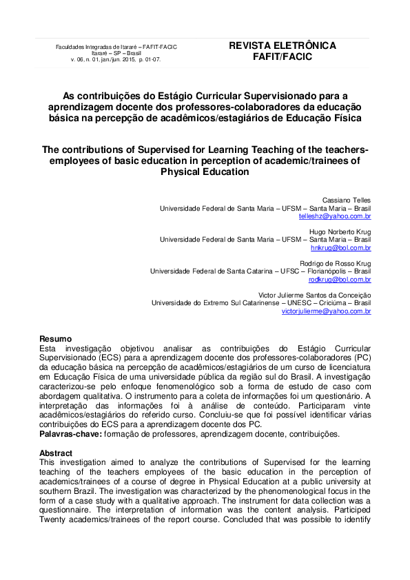 (PDF) As contribuições do Estágio Curricular Supervisionado para a ...