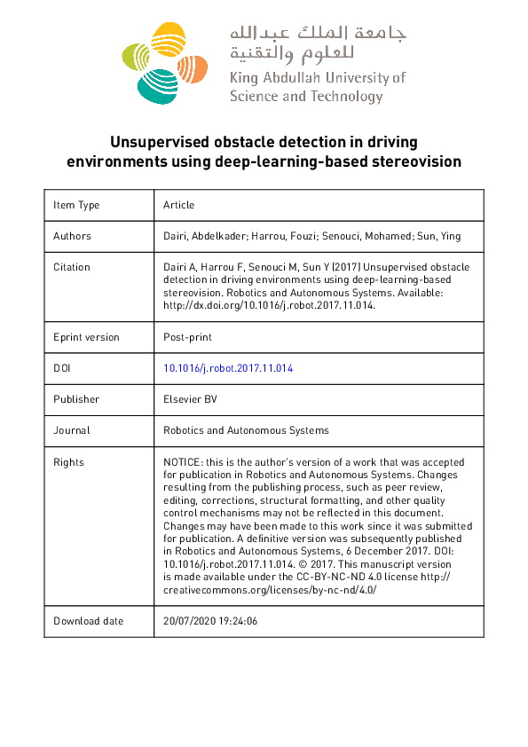 Pdf Unsupervised Obstacle Detection In Driving Environments Using Deep Learning Based Stereovision