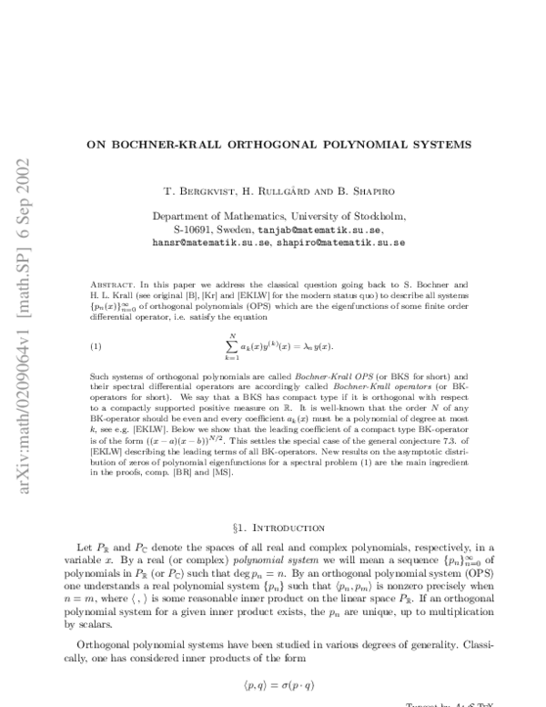 (PDF) On Bochner-Krall orthogonal polynomial systems | Boris Shapiro - Academia.edu