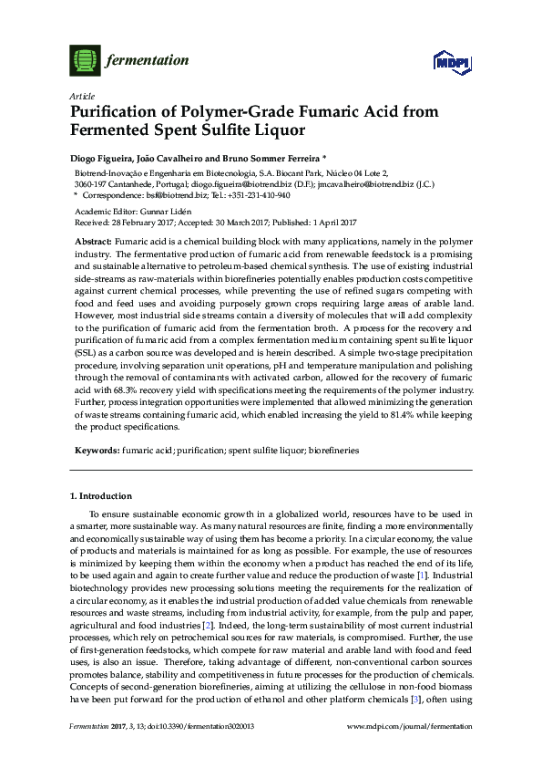 (PDF) Purification of Polymer-Grade Fumaric Acid from Fermented Spent ...