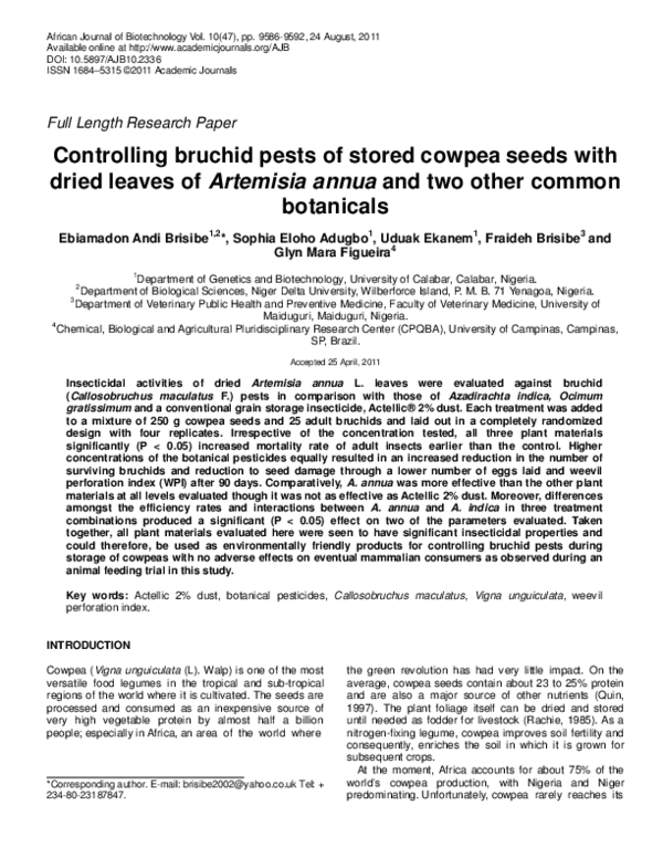(PDF) Controlling bruchid pests of stored cowpea seeds with dried ...