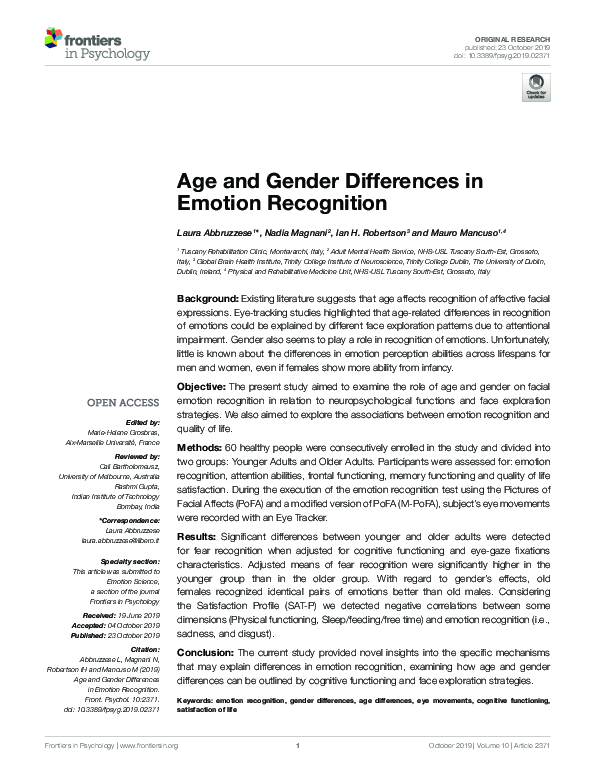 Pdf Age And Gender Differences In Emotion Recognition Nadia Magnani